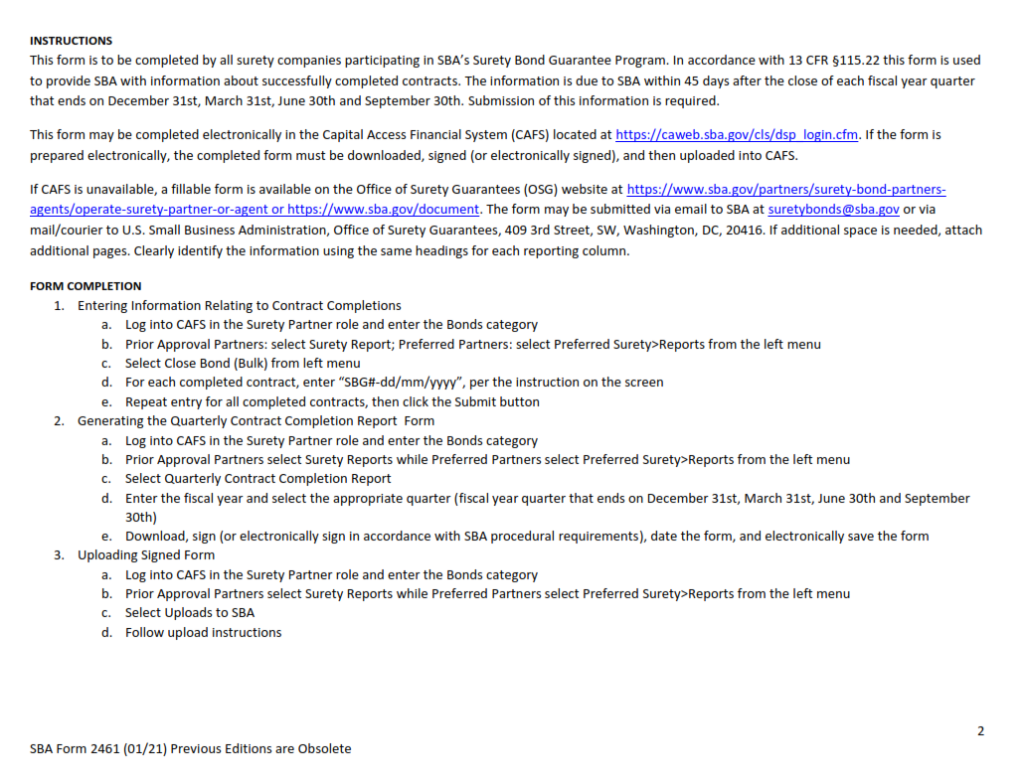 SBA Form 2461 – Quarterly Contract Completion Report | Origin Form Studio