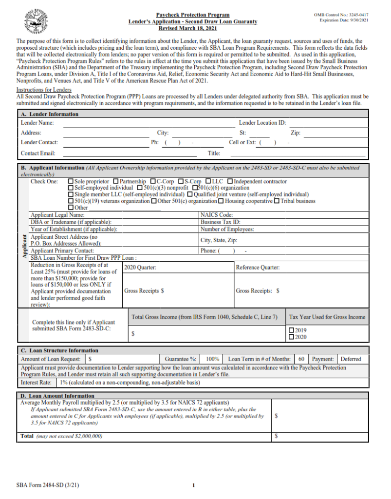 SBA Form 2484-SD – PPP Second Draw Lender Application Form | Origin ...
