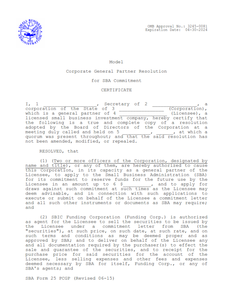 SBA Form 25 PCGP – Model Corporate General Partner Resolution for SBA ...