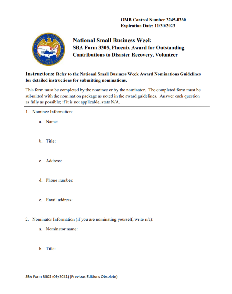 SBA Form 3305 – Nomination Form for Phoenix Award for Outstanding ...
