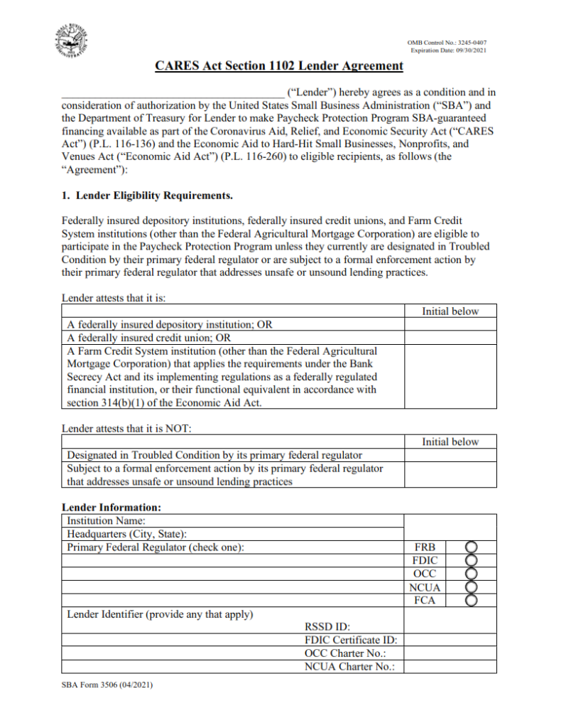 SBA Form 3506 – PPP Lender Agreement | Origin Form Studio