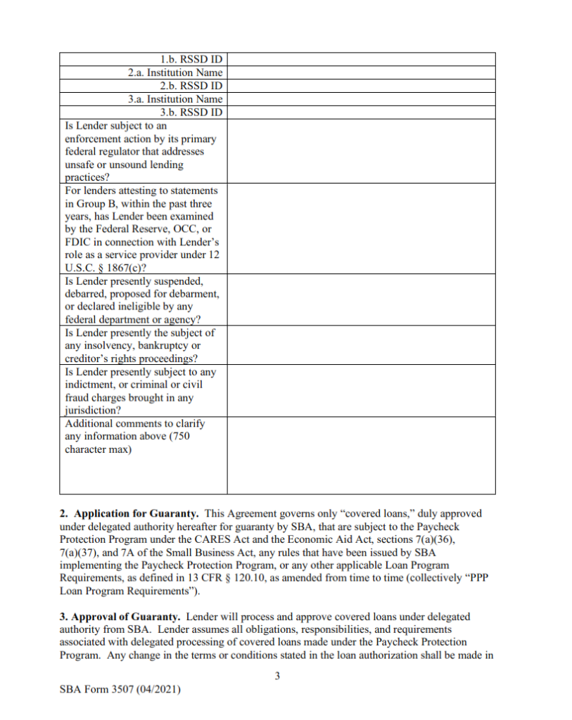 SBA Form 3507 – PPP Lender Agreement (Non-Bank) | Origin Form Studio