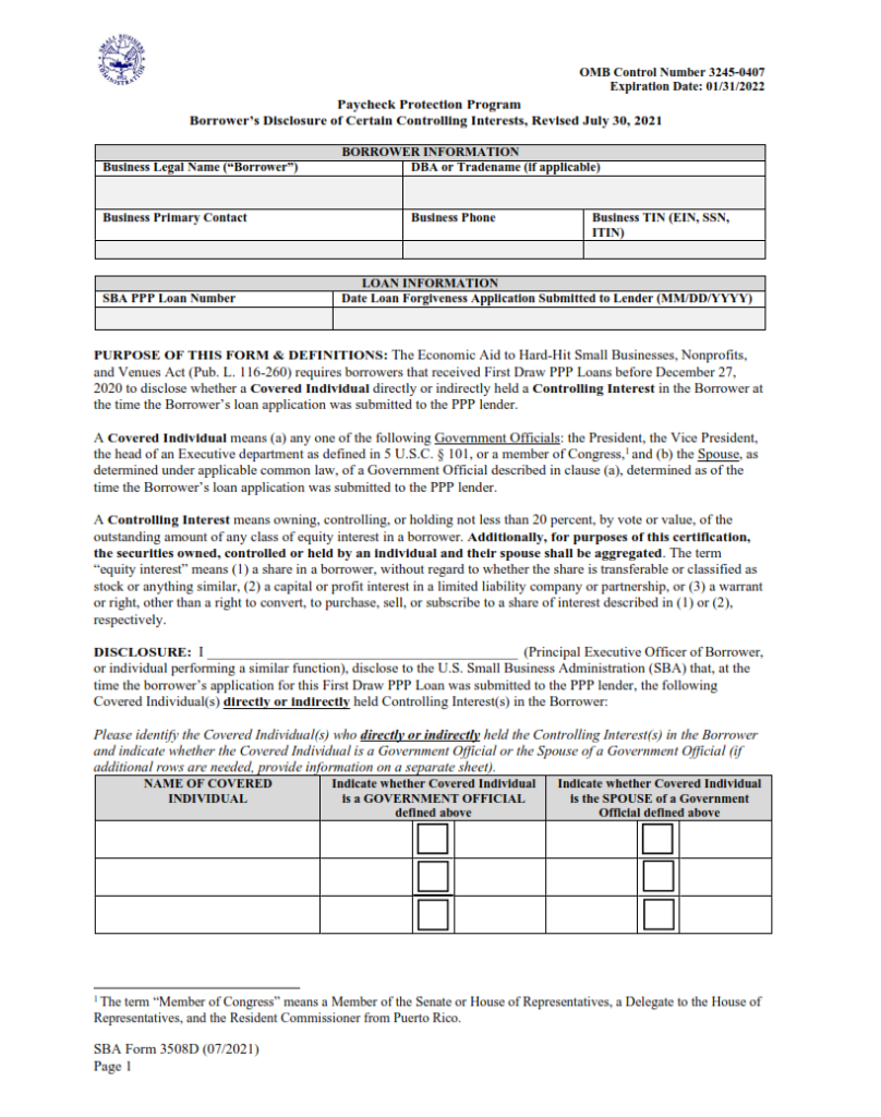 SBA Form 3508D – Paycheck Protection Program Borrower’s Disclosure of ...