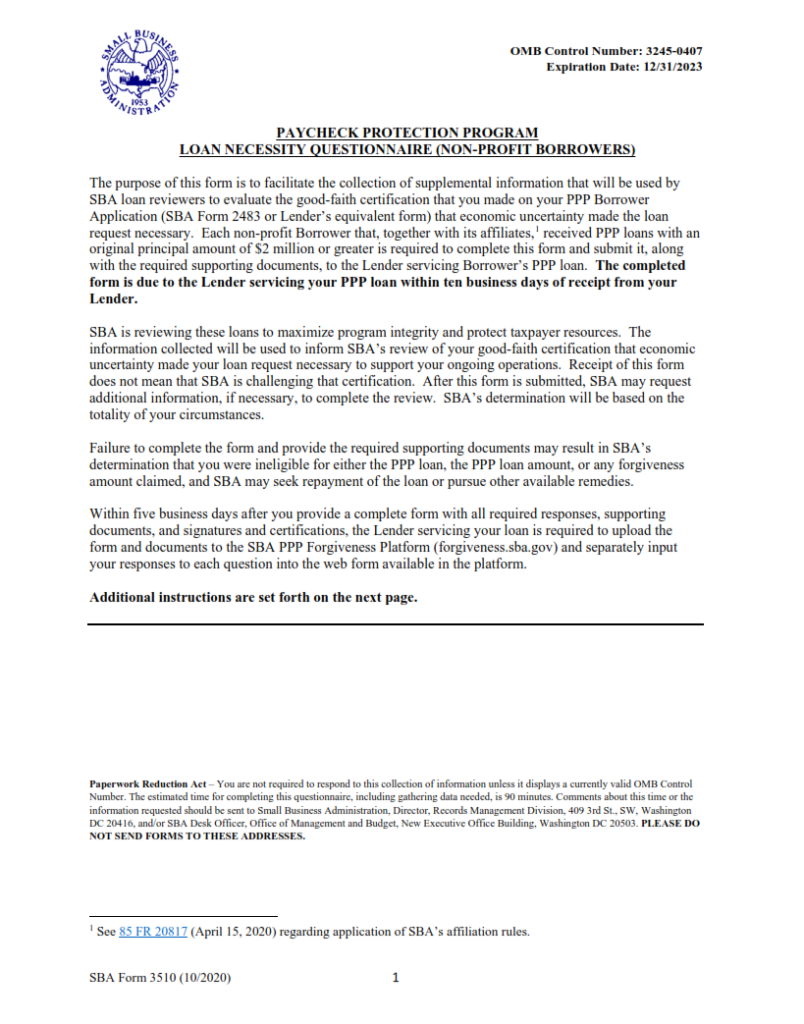 SBA Form 3510 – PPP Loan Necessity Questionnaire (Non-profit borrowers ...