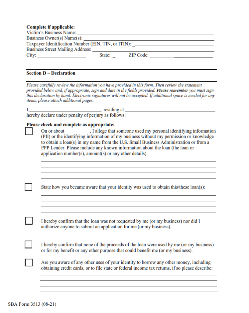 SBA Form 3513 – Declaration of Identity Theft | Origin Form Studio