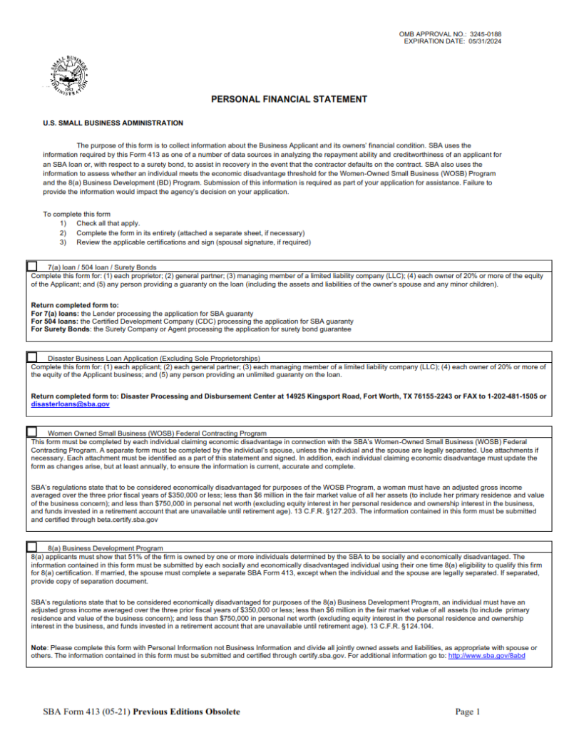 SBA Form 413 – Personal Financial Statement | Origin Form Studio