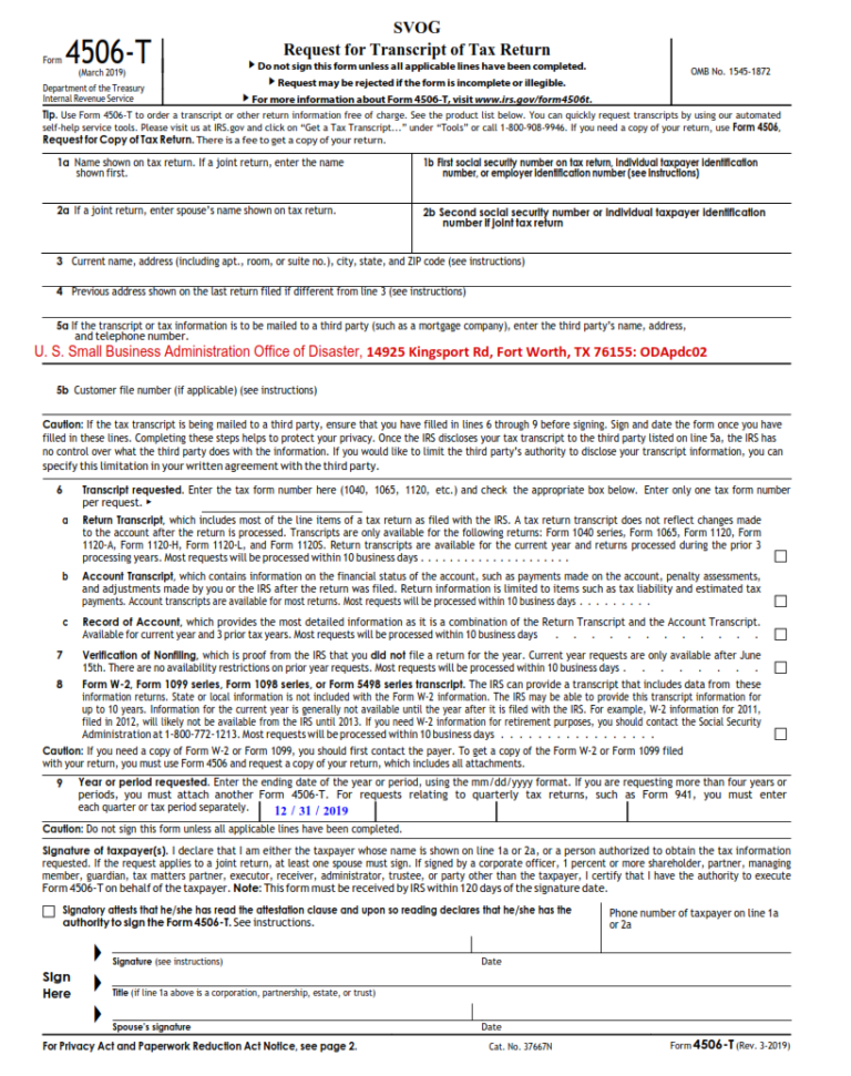 SBA Form 4506-T – Shuttered Venue Operators Grant | Origin Form Studio
