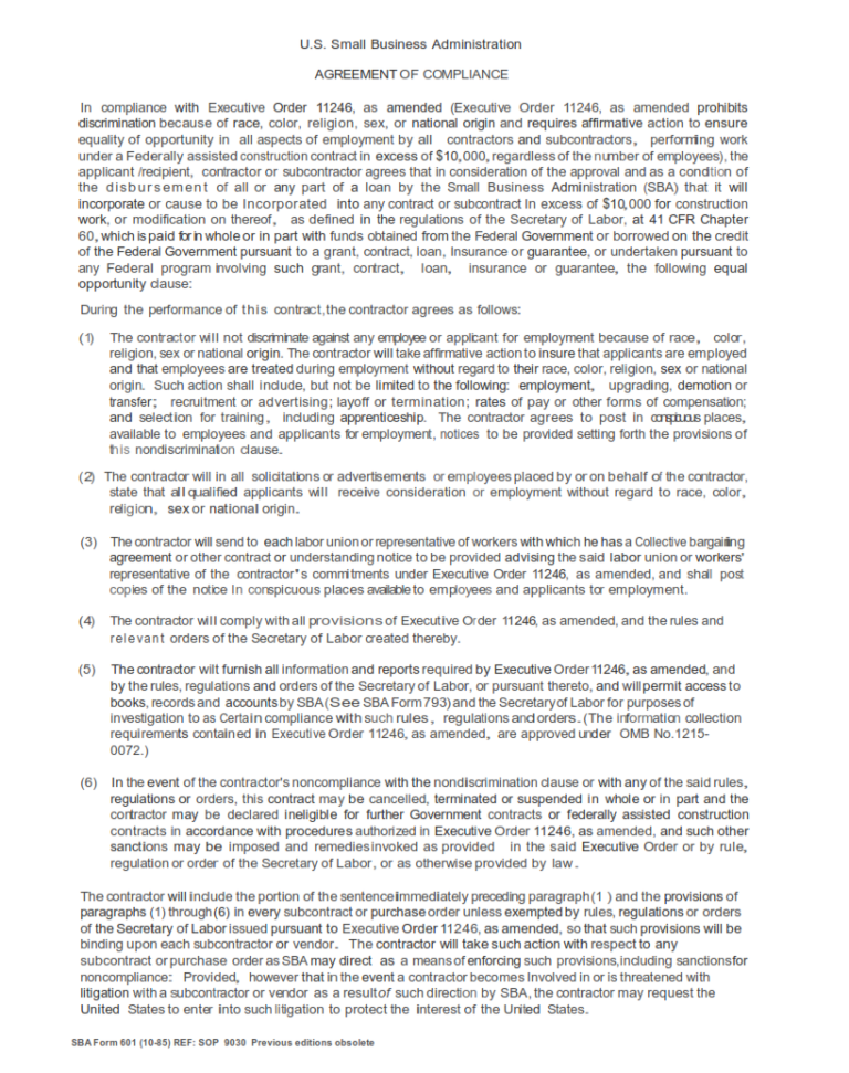 SBA Form 601 – Agreement of Compliance | Origin Form Studio