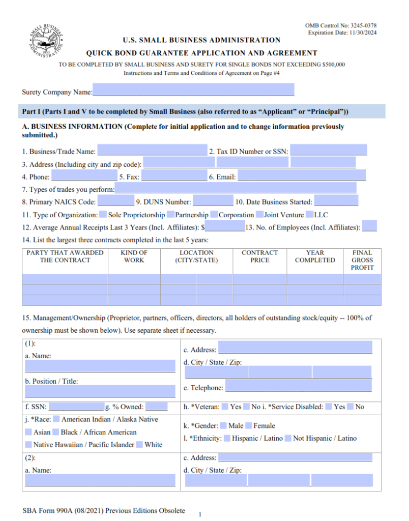 SBA Form 990A – Quick Bond Guarantee Application and Agreement | Origin ...