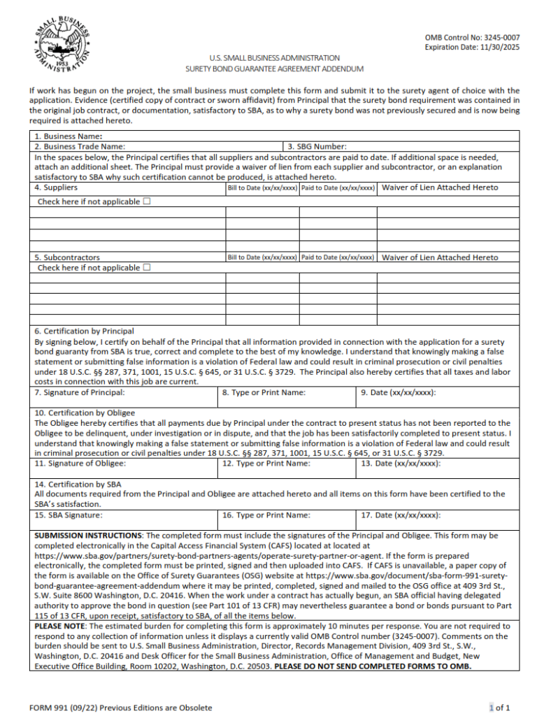 SBA Form 991 – Surety Bond Guarantee Agreement- Addendum | Origin Form ... SBA Form 991 – Surety Bond Guarantee Agreement- Addendum | Origin Form ...
