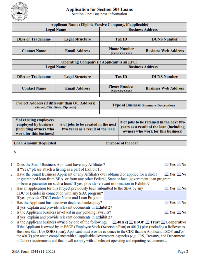 SBA Form1244 – Application for Section 504 Loans | Origin Form Studio