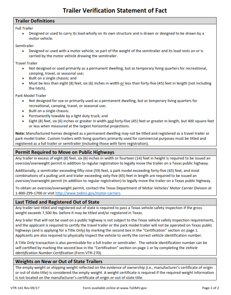 VTR-141 – Trailer Verification Statement of Fact | Origin Form Studio