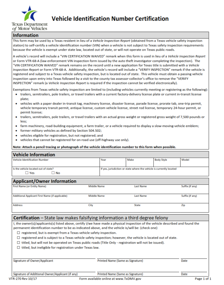 VTR-270 – Vehicle Identification Number Certification | Origin Form Studio