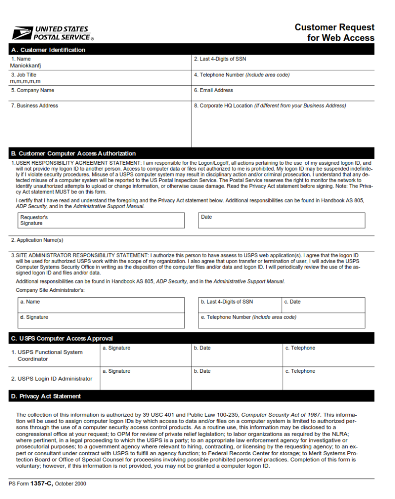 PS Form 1357-C – (Customer) Request For Web Access | Origin Form Studio