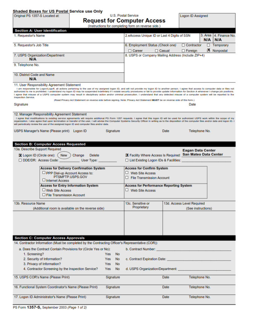 PS Form 1357-S – (Customer) Request for Computer Access | Origin Form ...