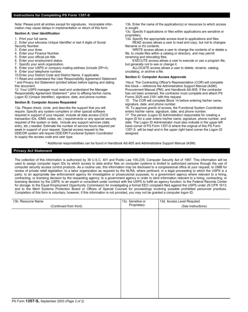 PS Form 1357-S – (Customer) Request for Computer Access | Origin Form ...