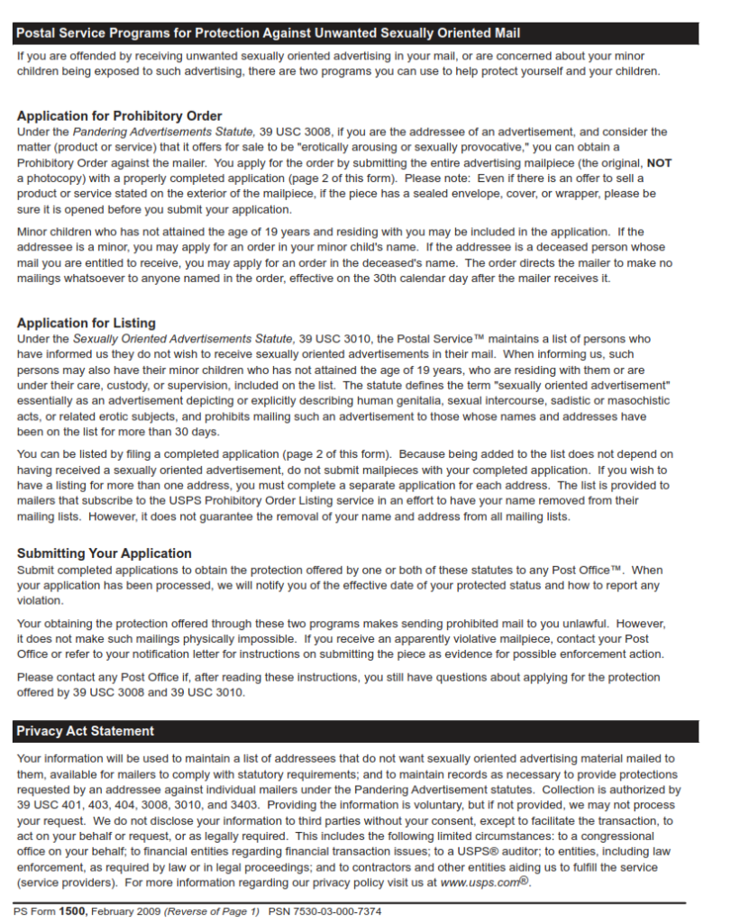 PS Form 1500 – Application for Listing and/or Prohibitory Order ...