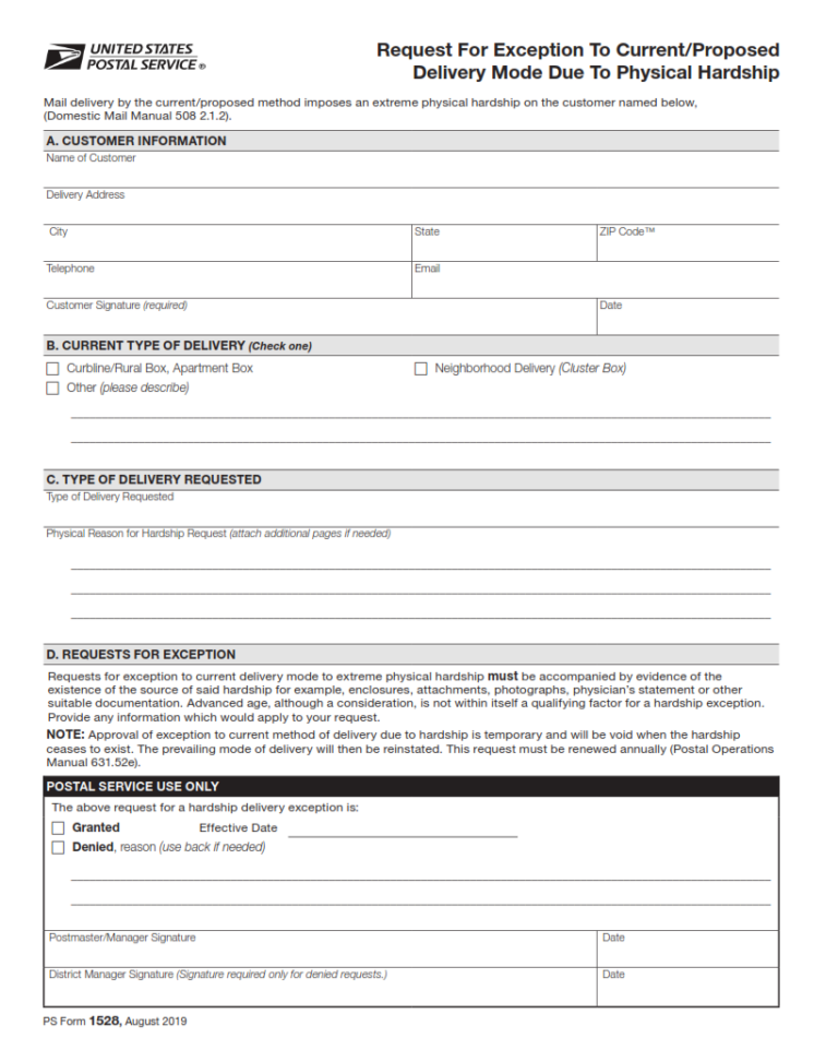 PS Form 1528 – Request for Exception to Current/Proposed Delivery Mode ...
