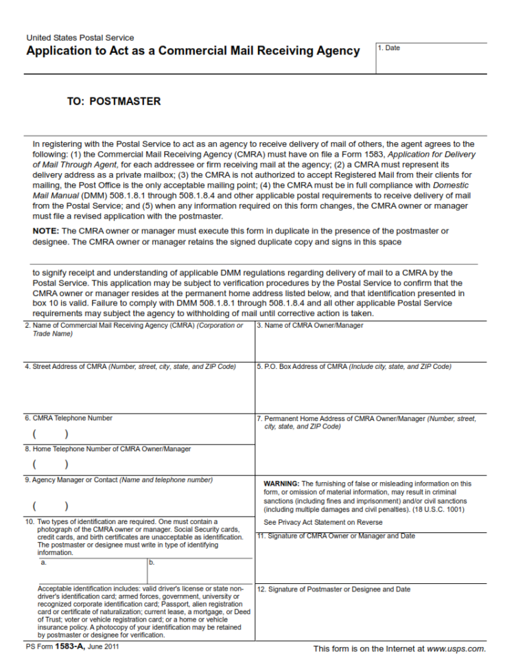 PS Form 1583-A – Application to Act as a Commercial Mail Receiving ...