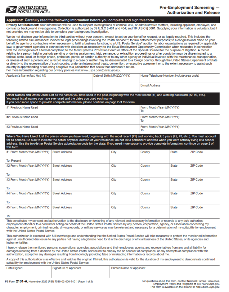 PS Form 2181-A – Pre-Employment Screening – Authorization and Release ...