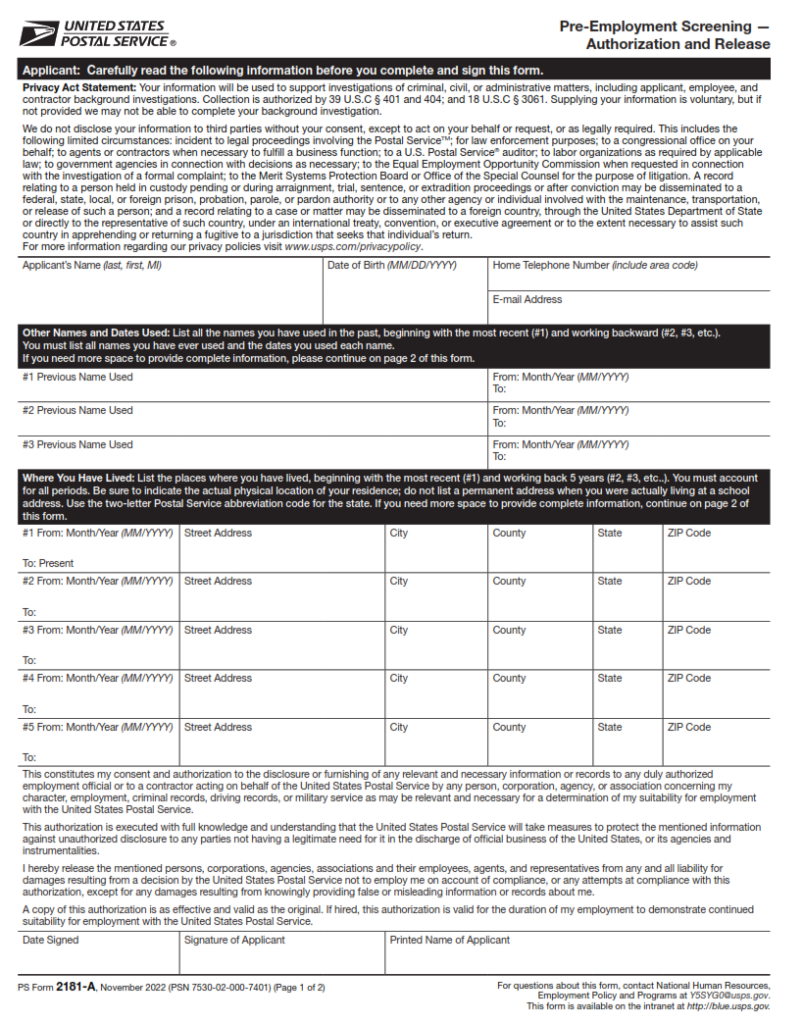 PS Form 2181-A – Pre-Employment Screening – Authorization and Release ...