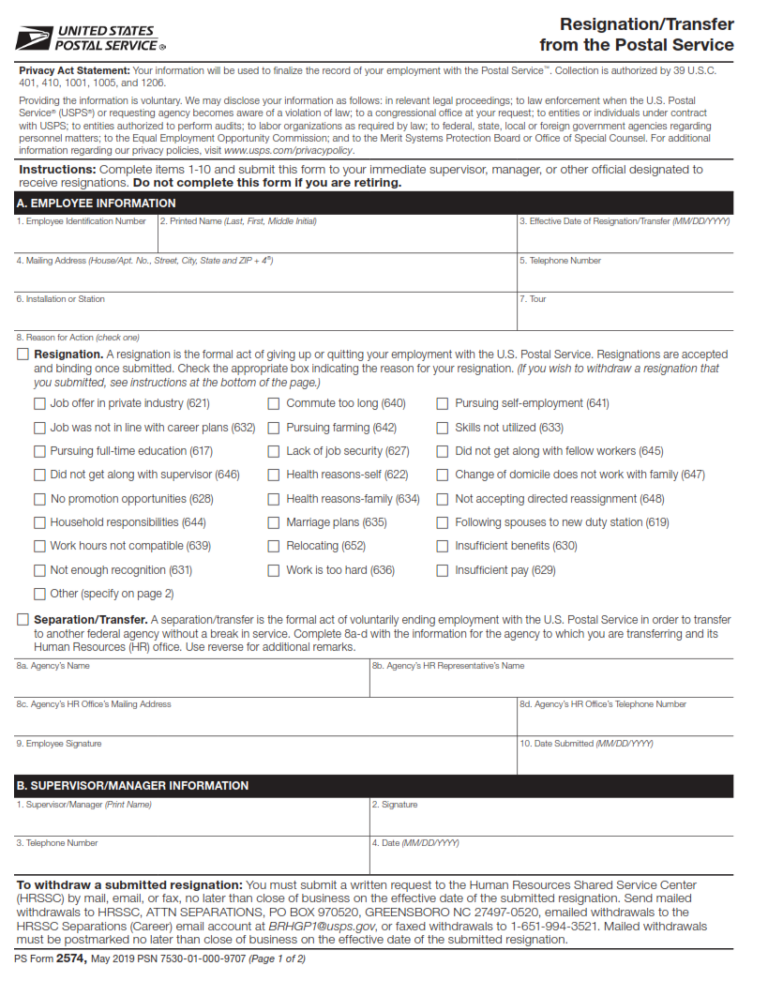 PS Form 2574 – Resignation/Transfer From The Postal Service | Origin ...