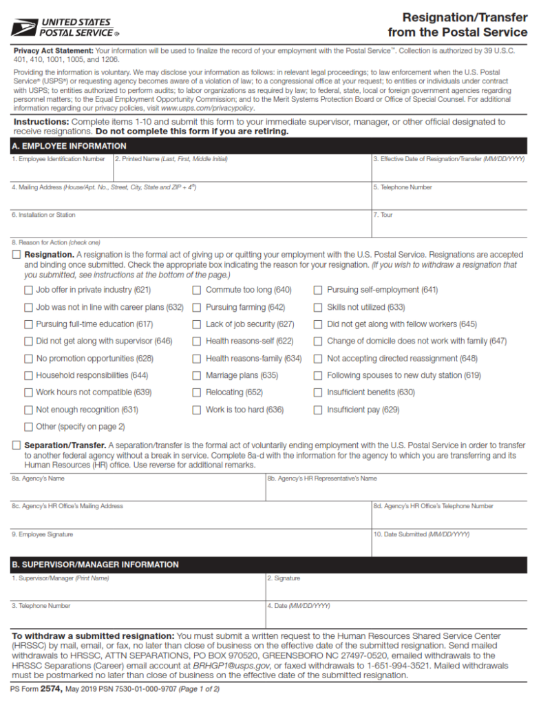 PS Form 2574 – Resignation/Transfer From The Postal Service | Origin ...