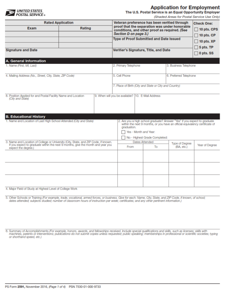 PS Form 2591 – Application for Employment | Origin Form Studio