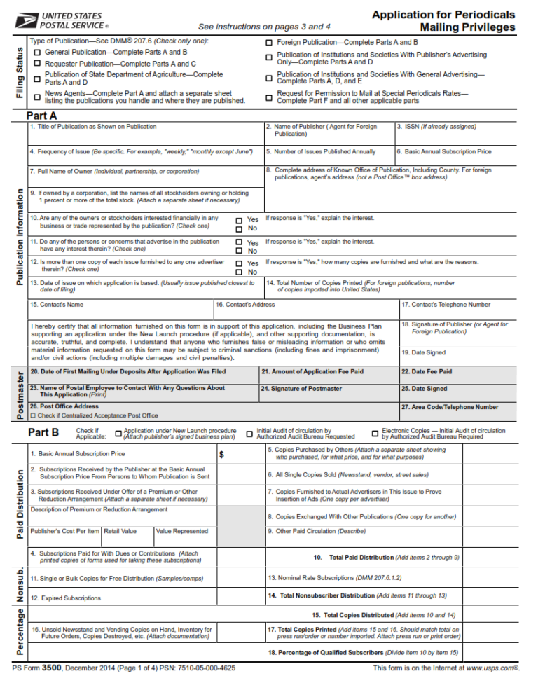 PS Form 3500 – Application for Periodicals Mailing Privileges | Origin ...