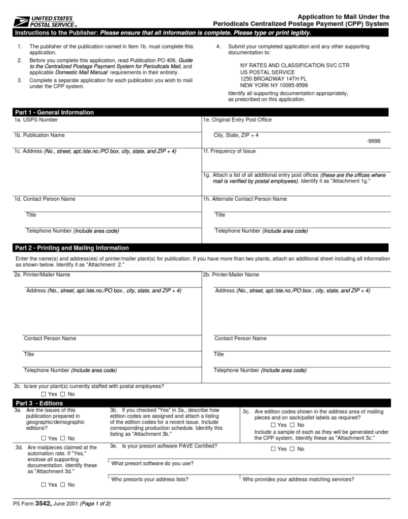 PS Form 3542 – Application to Mail Under the Periodicals Centralized ...