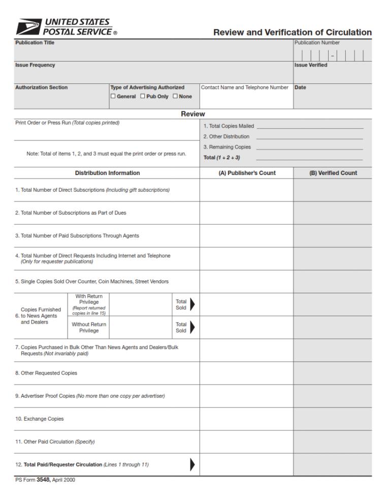 PS Form 3548 – Review and Verification of Circulation | Origin Form Studio