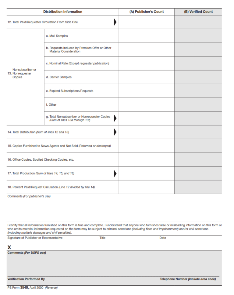 PS Form 3548 – Review and Verification of Circulation | Origin Form Studio