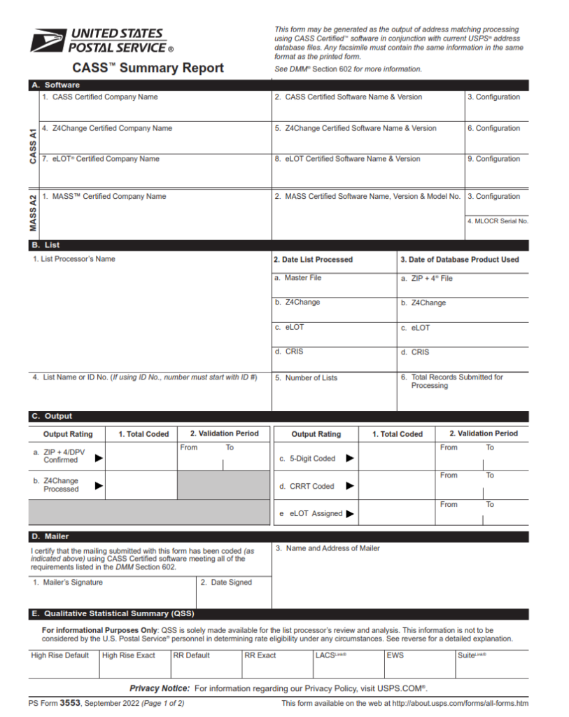 PS Form 3553 – CASS Summary Report | Origin Form Studio