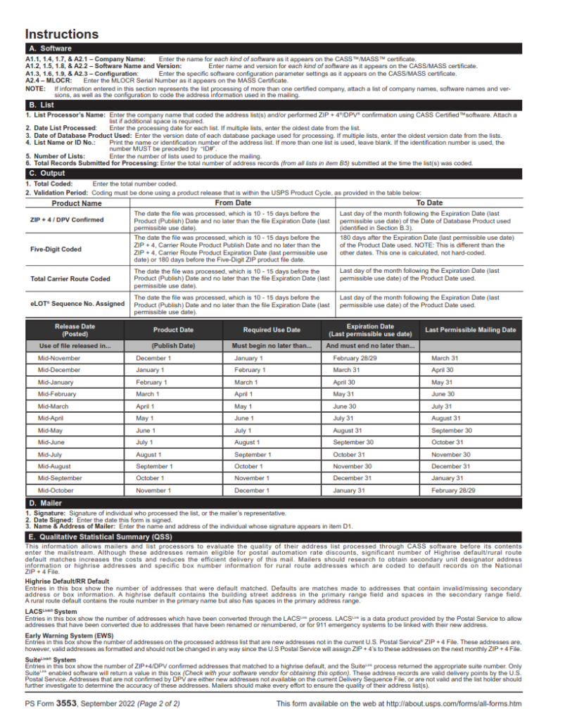 PS Form 3553 – CASS Summary Report | Origin Form Studio