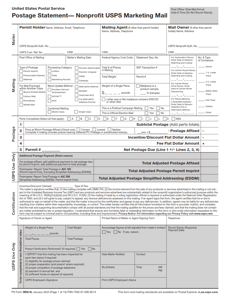 PS Form 3602-N – Postage Statement — Nonprofit USPS Marketing Mail ...