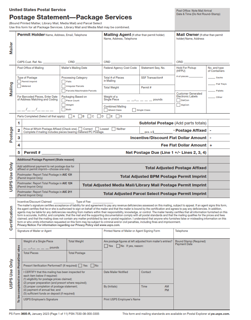 PS Form 3605-R – Postage Statement – Package Services and Parcel Select ...