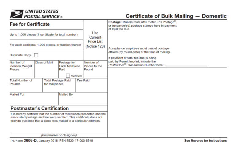PS Form 3606-D – Certificate of Bulk Mailing – Domestic (Fillable ...