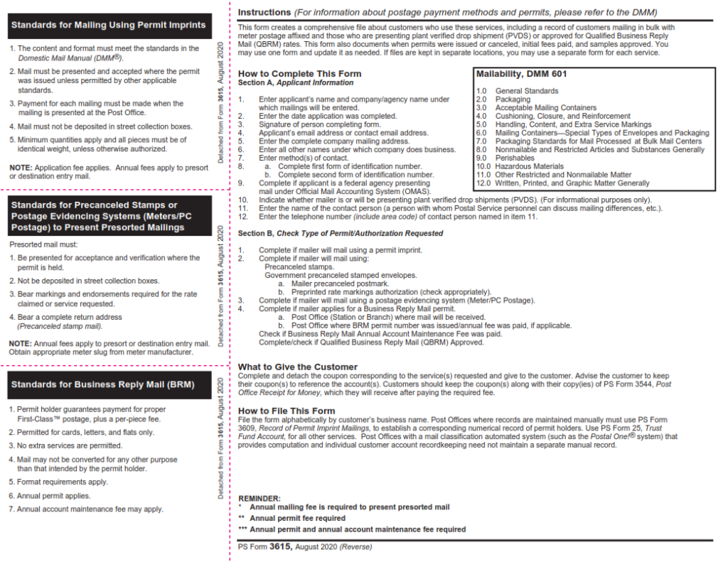 PS Form 3615 – Mailing Permit Application and Customer Profile | Origin ...