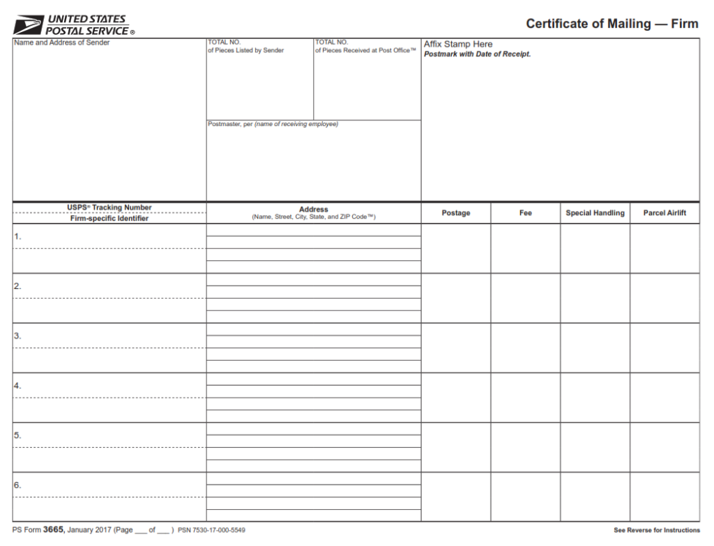 PS Form 3665 – Certificate of Mailing — Firm | Origin Form Studio
