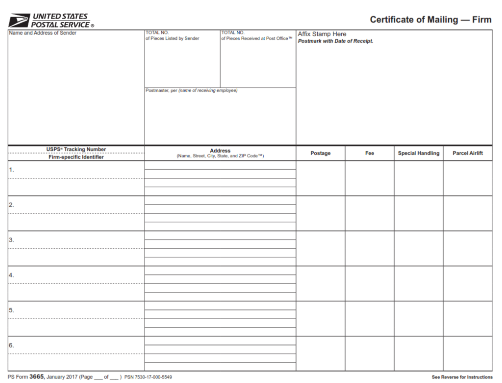 PS Form 3665lc – Certificate of Mailing — Firm | Origin Form Studio
