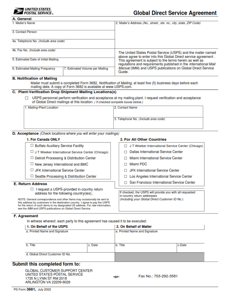 PS Form 3681 – Global Direct Service Agreement | Origin Form Studio