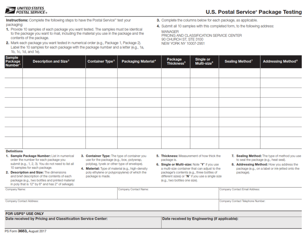 PS Form 3683lc – U.S. Postal Service Package Testing | Origin Form Studio