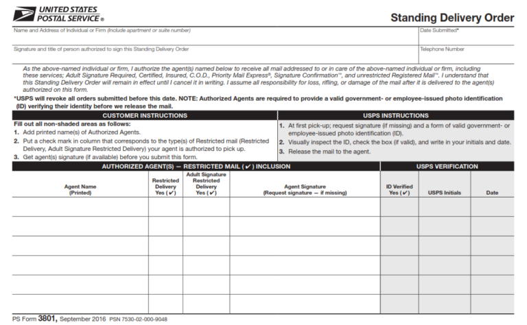 PS Form 3801 – Standing Delivery Order | Origin Form Studio