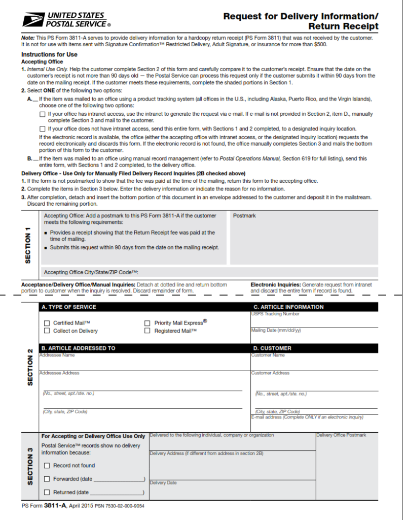 PS Form 3811-A – Request for Delivery Information/Return Receipt ...
