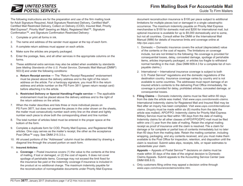 PS Form 3877lc – Firm Mailing Book for Accountable Mail | Origin Form ...