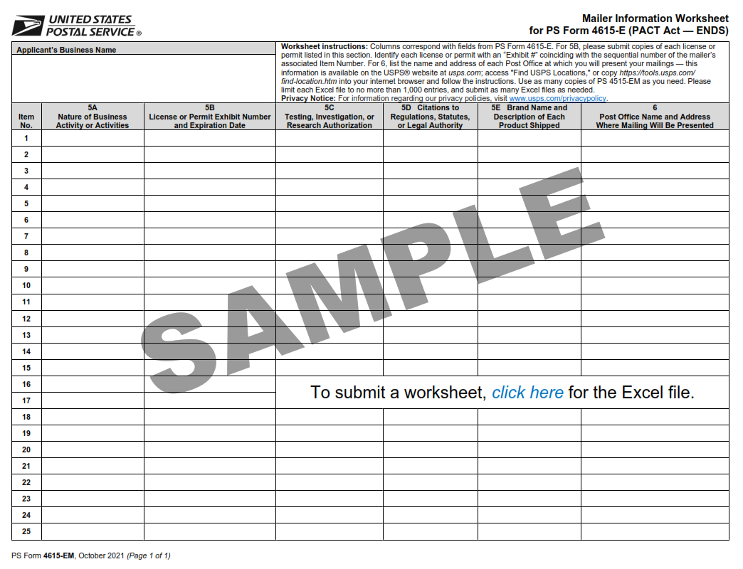 PS Form 4615-EM – Mailer Information Worksheet for PS Form 4615-E (PACT ...