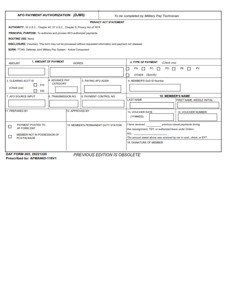 DAF Form 265 – Afo Payment Authorization (Jumps) | Origin Form Studio