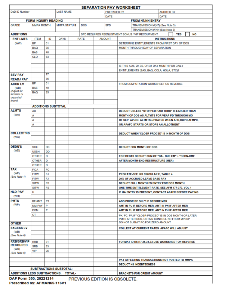 DAF Form 350 – Separation Pay Worksheet | Origin Form Studio
