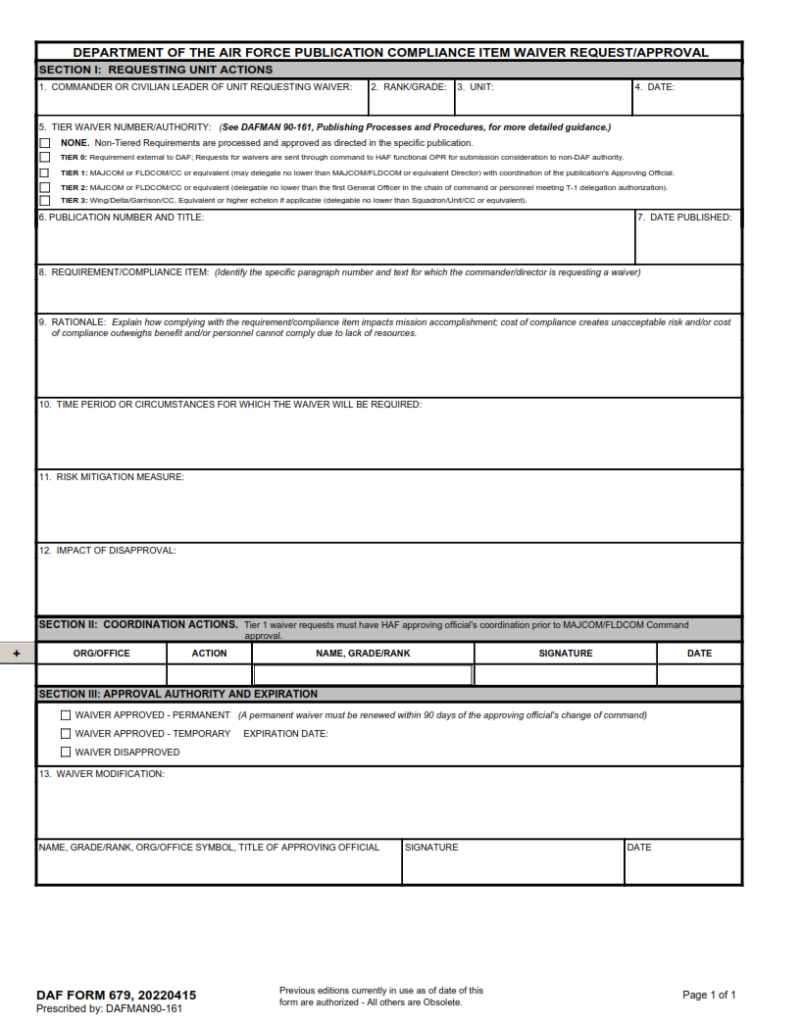 DAF Form 679 – Department of the Air Force Publication Compliance Item ...