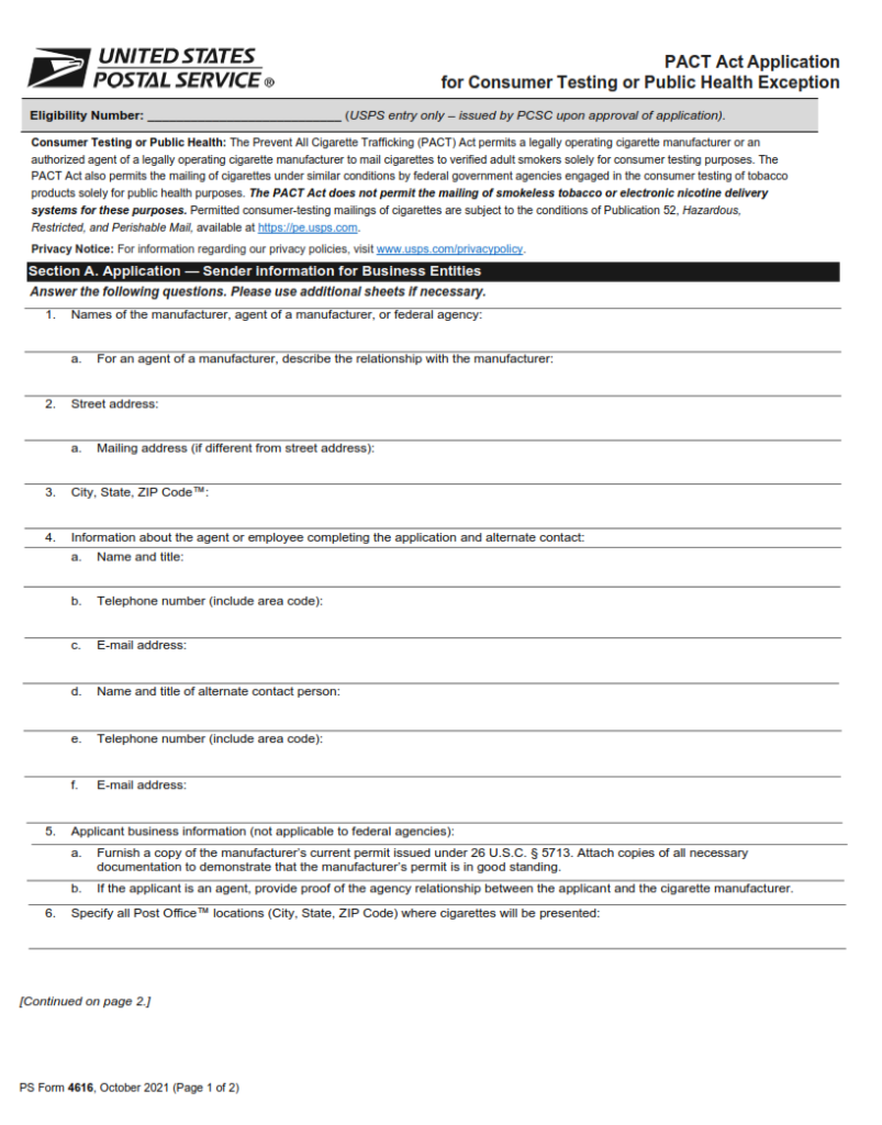 PS Form 4616 – PACT Act Application for Consumer Testing or Public ...